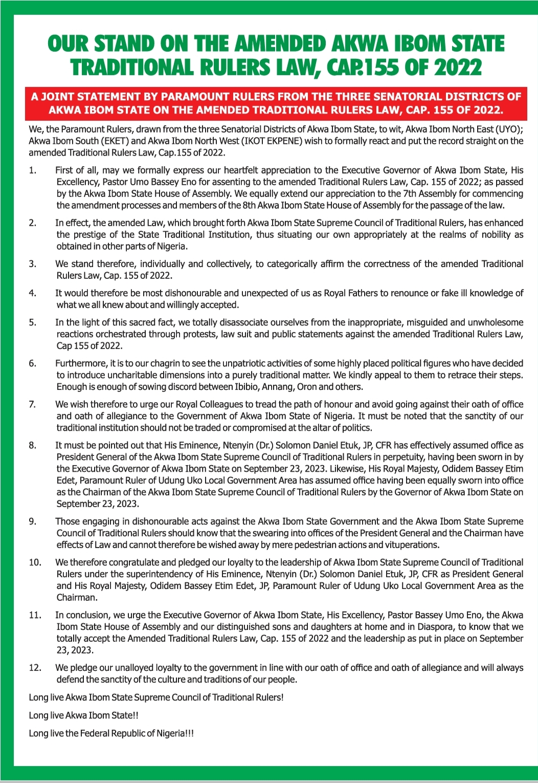 Our Stand On The Amended Akwa Ibom State Traditional Rulers Law, Cap ...