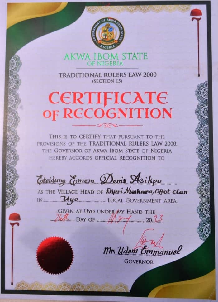 AKSG Gives Certificate Of Recognition To Eteidung Asikpo As Village ...